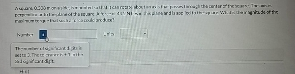 Solved A square, 0.308m ﻿on a side, is mounted so that it | Chegg.com