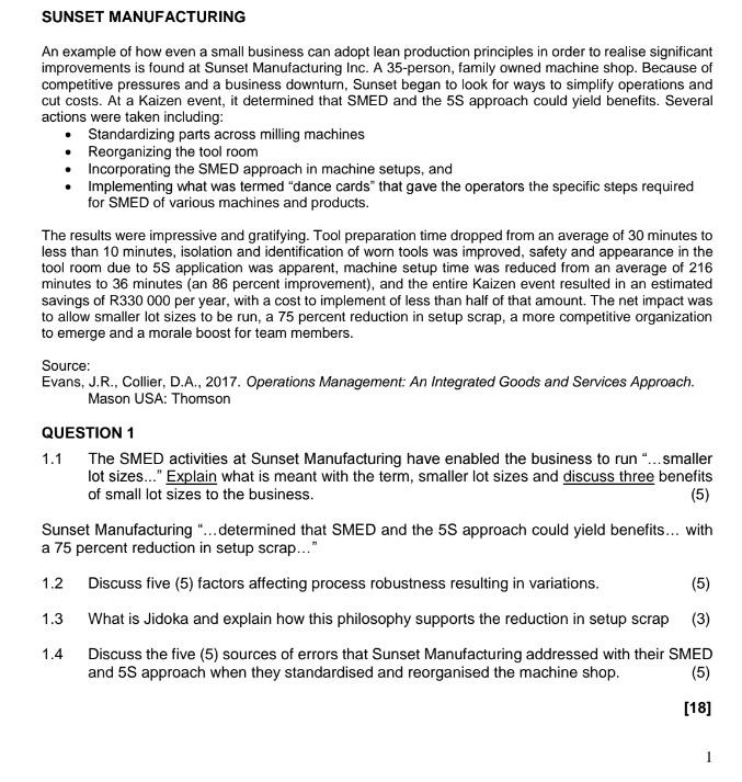 Solved SUNSET MANUFACTURING An example of how even a small | Chegg.com