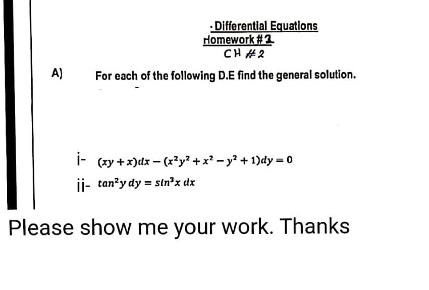 Solved Differential Equations Homework #2 CH #2 A) For each | Chegg.com