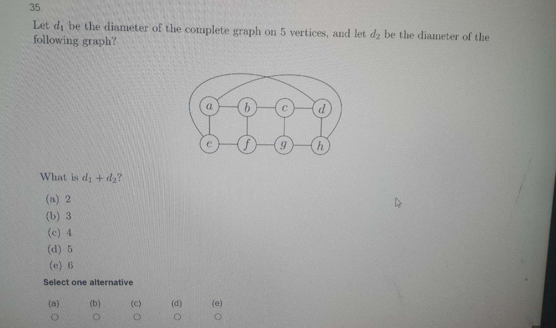 Solved 35. Let di be the diameter of the complete graph on 5 | Chegg.com