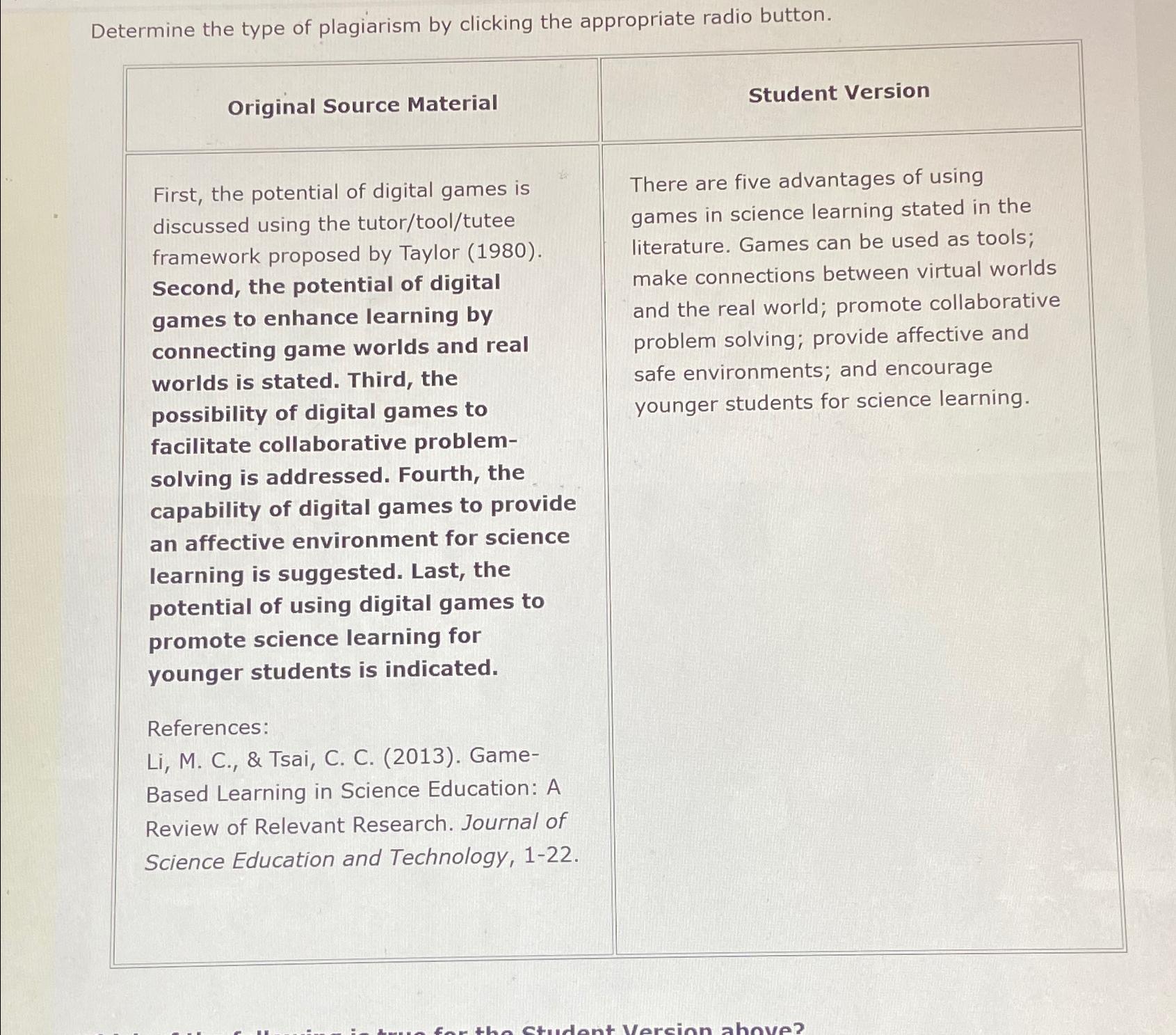 Solved Determine the type of plagiarism by clicking the | Chegg.com