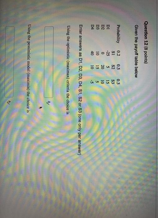 Solved Question 12 (8 points) Given the payoff table below | Chegg.com Solved Question 12 (8 points) Given the payoff table below | Chegg.com