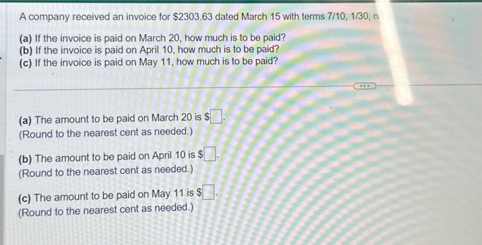Solved A company received an invoice for $2303.63 dated | Chegg.com