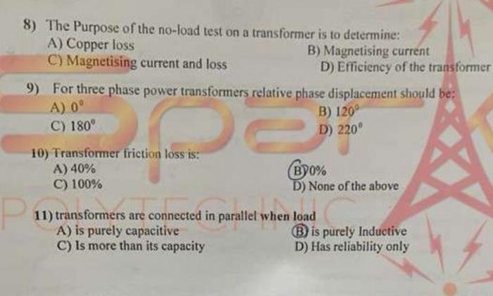 Solved 8) The Purpose of the no-load test on a transformer | Chegg.com