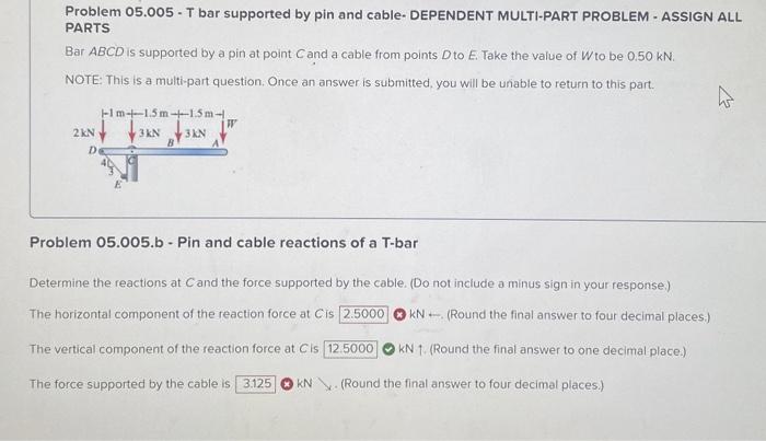 Problem 05.005 - T bar supported by pin and cable- | Chegg.com
