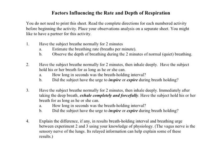 Solved Factors Influencing the Rate and Depth of Respiration | Chegg.com