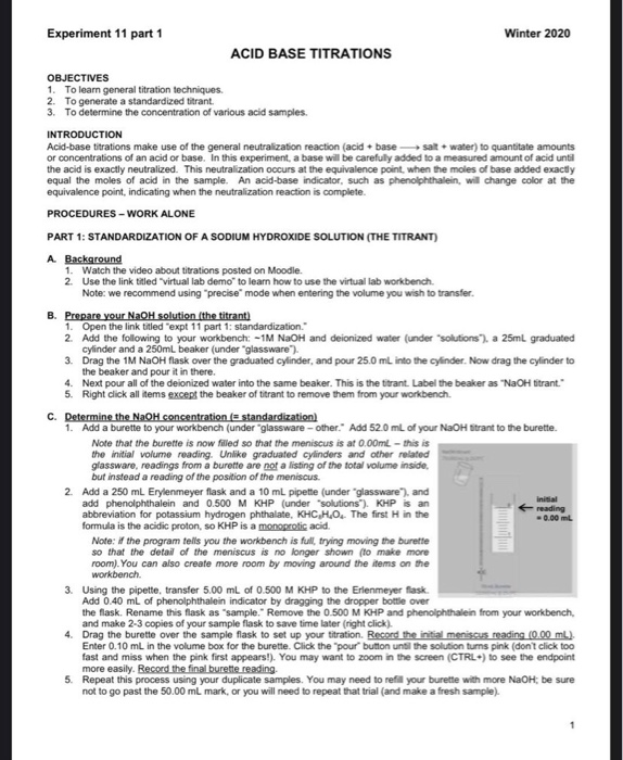 Experiment 11 part 1 Winter 2020 ACID BASE TITRATIONS | Chegg.com