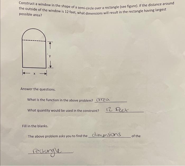 Solved Construct a window in the shape of a semi-circle over | Chegg.com