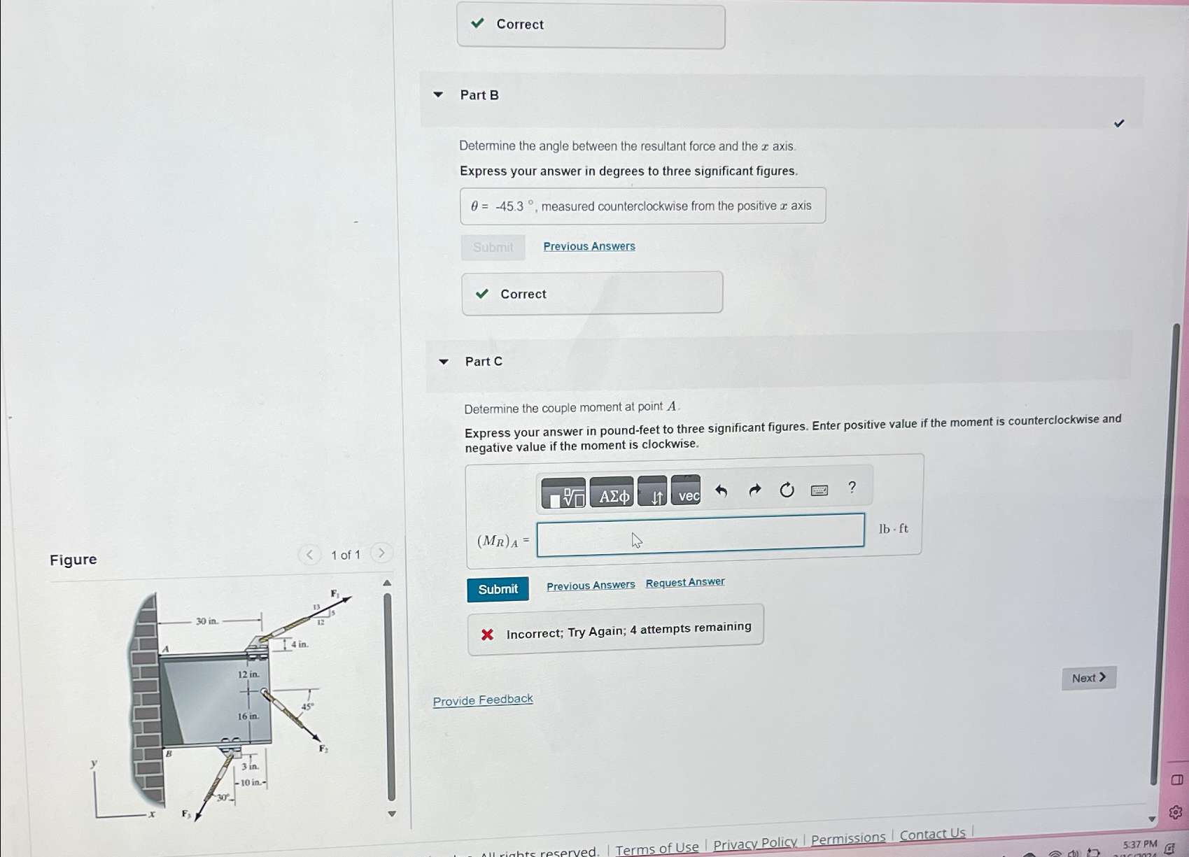 Solved Correctpart Bdetermine The Angle Between The
