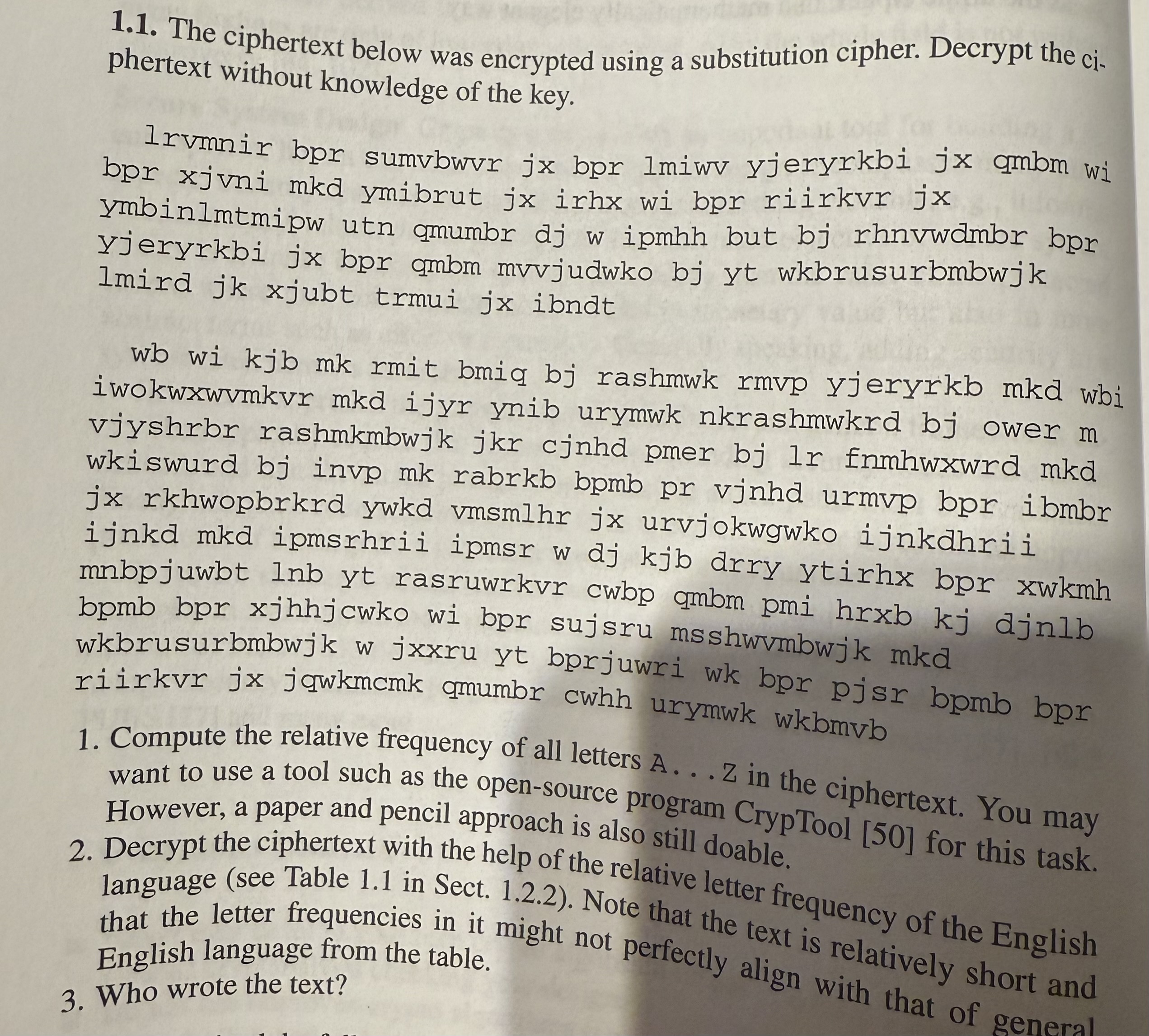 1.1. ﻿The ciphertext below was encrypted using a | Chegg.com