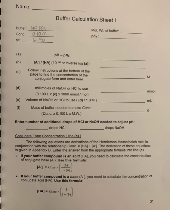 Solved Name: Buffer Calculation Sheet Buffer: _HE PES Conc.: | Chegg.com