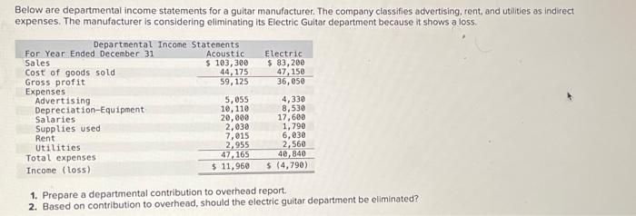 Solved 1. Prepare a departmental contribution to overhead | Chegg.com