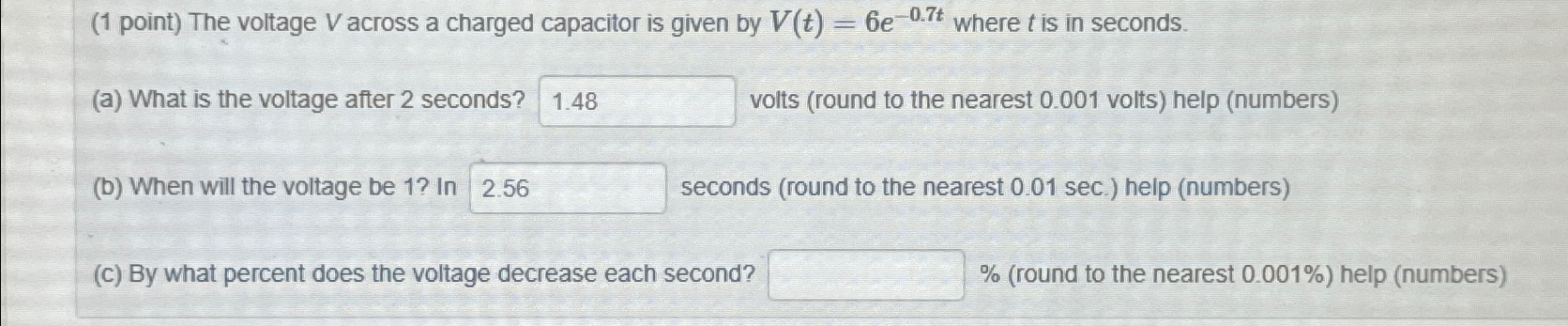 Solved ( 1 ﻿point) ﻿The voltage V ﻿across a charged | Chegg.com