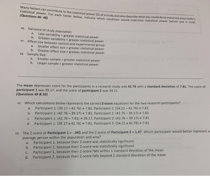 Solved Many factors can contribute to the statistical power | Chegg.com