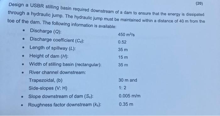 Solved (20) Design a USBR stilling basin required downstream | Chegg.com