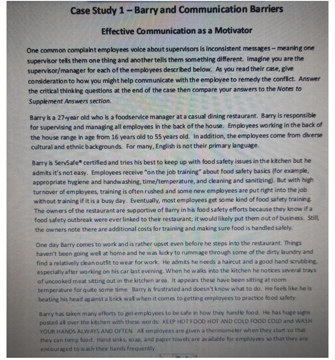 Solved Case Study 1-Barry and Communication Barriers | Chegg.com