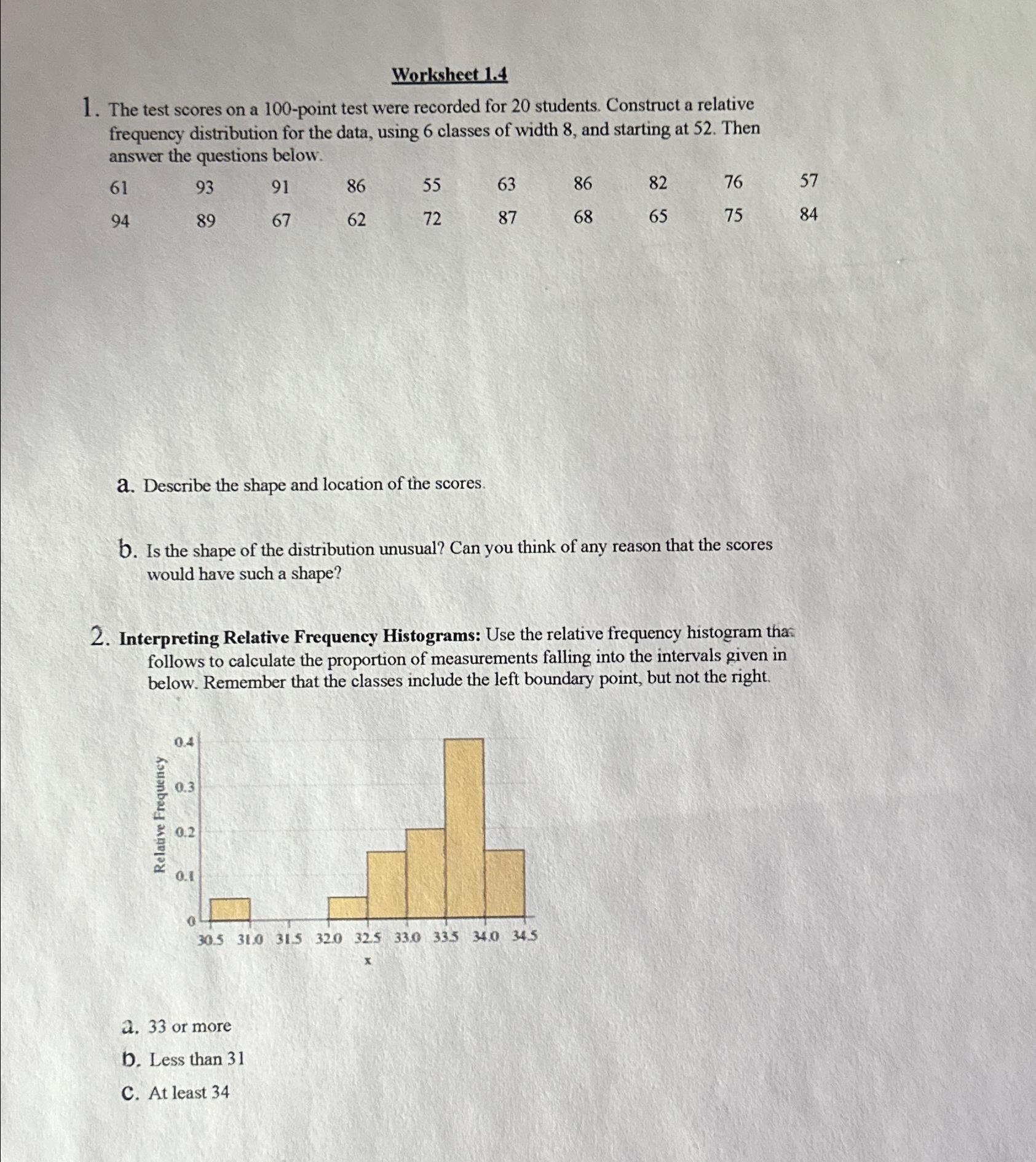 Solved Worksheet 1.4The test scores on a 100 -point test | Chegg.com