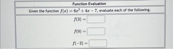 Solved Function Evaluation Given the function f(x)=6x2+4x−7, | Chegg.com
