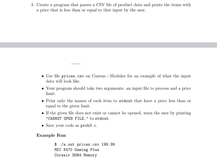 Solved 3 Create A Program That Parses A Csv File Of Product