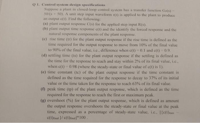 Solved 1. Control system design specifications Suppose a | Chegg.com