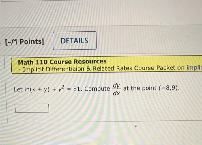 Solved Math 110 Course Resources - Implicit Differentiaion | Chegg.com