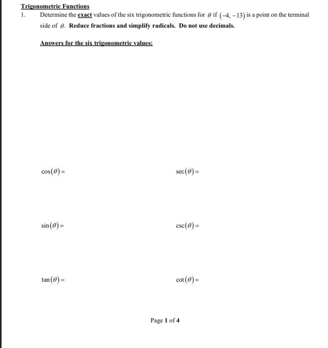 Solved Trigonometric Functions 1 Determine The Exact Values