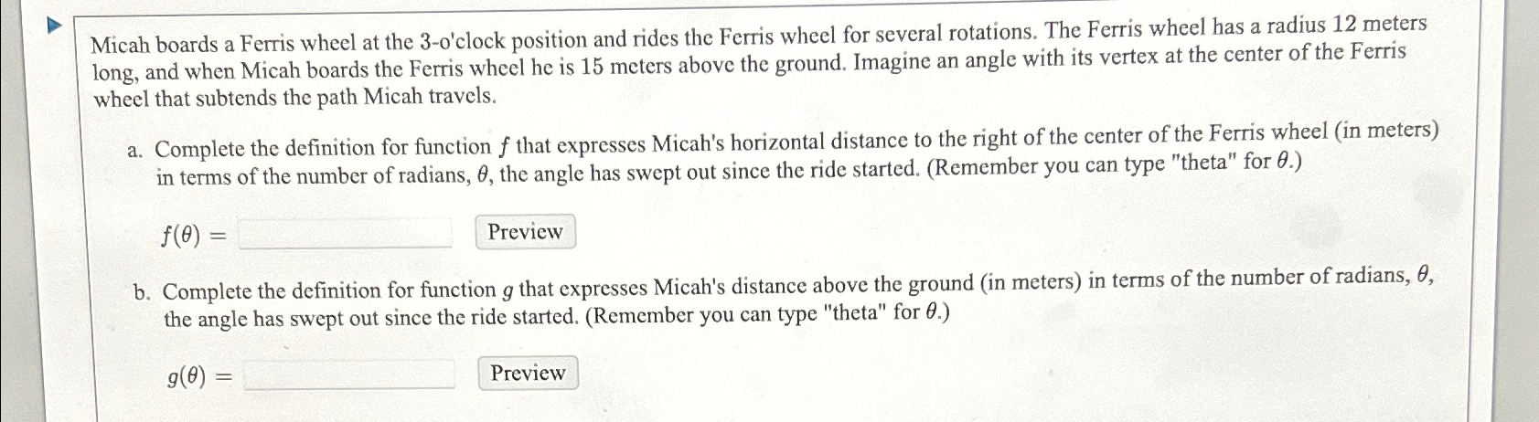 Solved Micah boards a Ferris wheel at the 3 -o'clock | Chegg.com