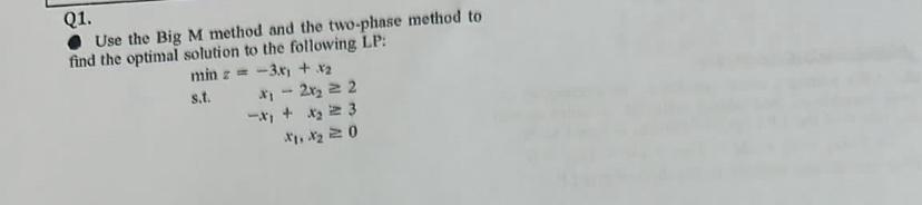 Solved Q1.Use the Big M method and the two-phase method to | Chegg.com