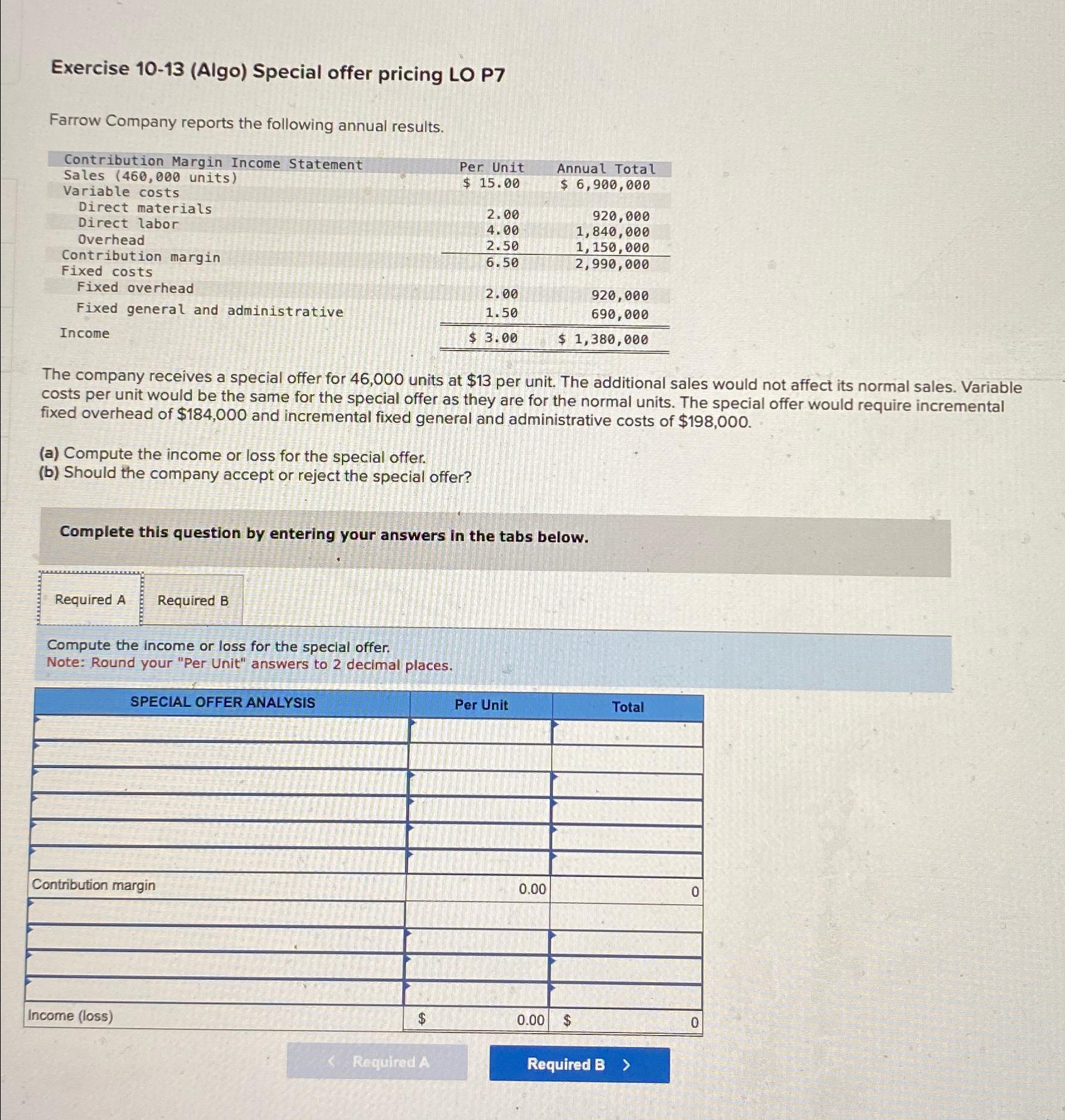 Solved Exercise 10-13 (Algo) ﻿Special offer pricing LO | Chegg.com