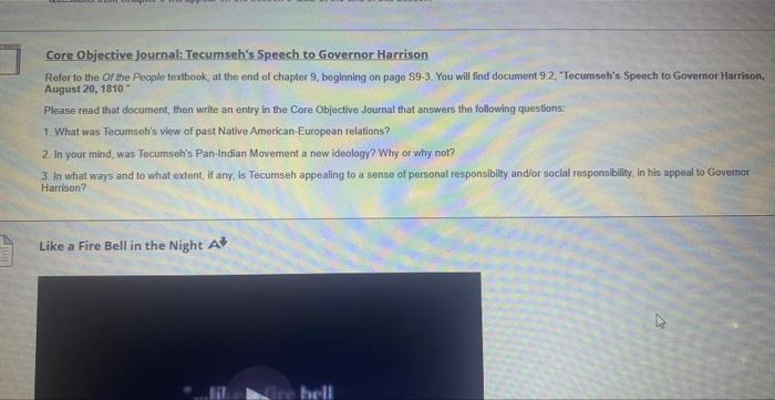 Core Objective Journal: Tecumseh's Speech to Governor | Chegg.com
