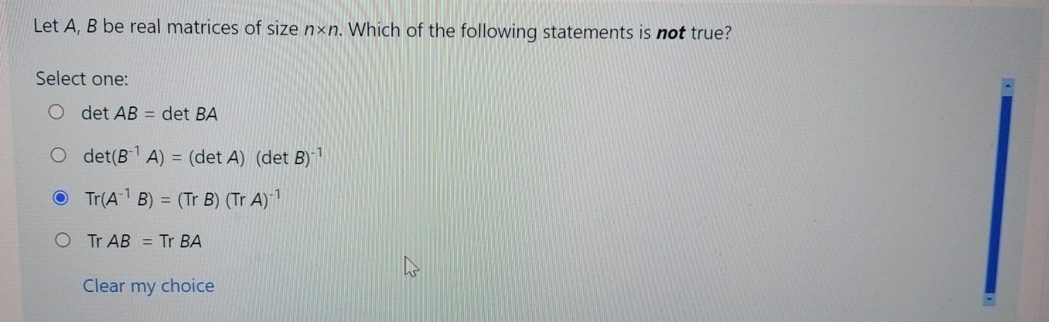 Solved Let A,B ﻿be real matrices of size n×n. ﻿Which of the | Chegg.com