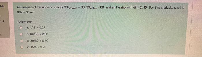 Solved An analysis of variance produces SS between = 30, | Chegg.com