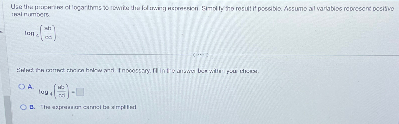 Solved Use the properties of logarithms to rewrite the | Chegg.com