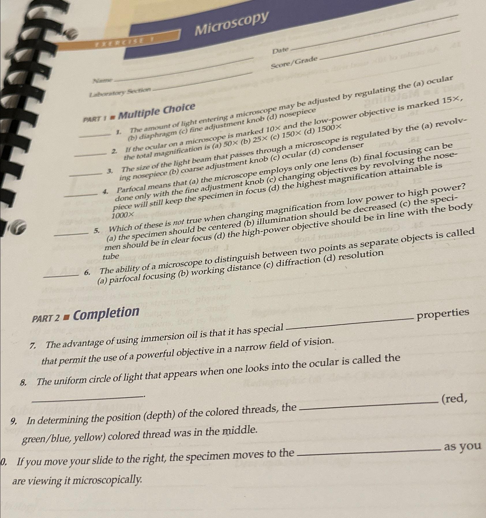 Solved PART I Multiple Choice(b) ﻿diaphragm(c) ﻿fine | Chegg.com