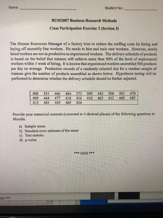 Solved Name: Student No.: BUSI3007 Business Research Methods | Chegg.com