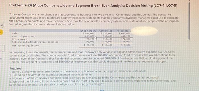Solved Problem 7.24 (Algo) Companywide and Segment | Chegg.com