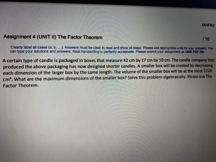Solved Mhf4u Assignment 4 Unit Ii The Factor Theorem 110
