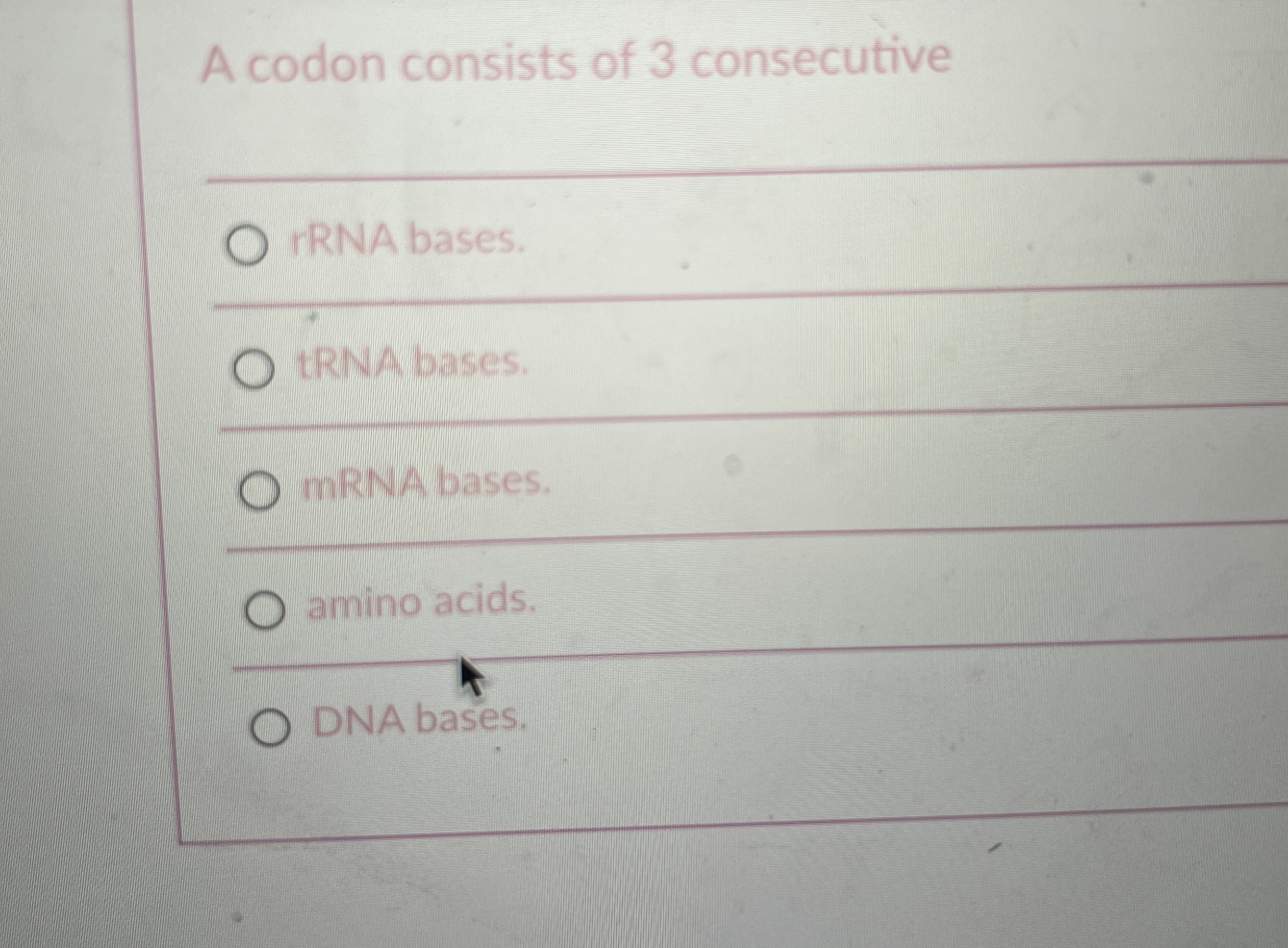 Solved A codon consists of 3 ﻿consecutiveq,rRNA bases.tRNA | Chegg.com