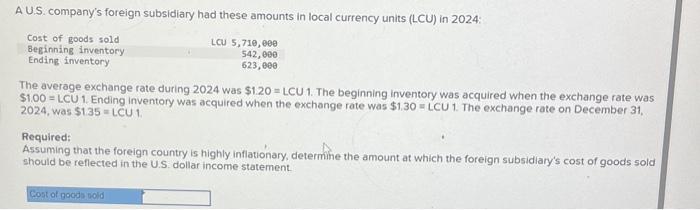 Solved A U.S. company's foreign subsidiary had these amounts | Chegg.com