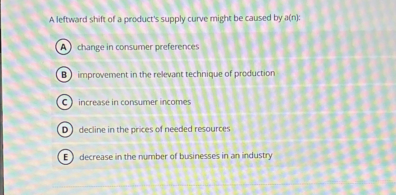 Solved A leftward shift of a product's supply curve might be | Chegg.com