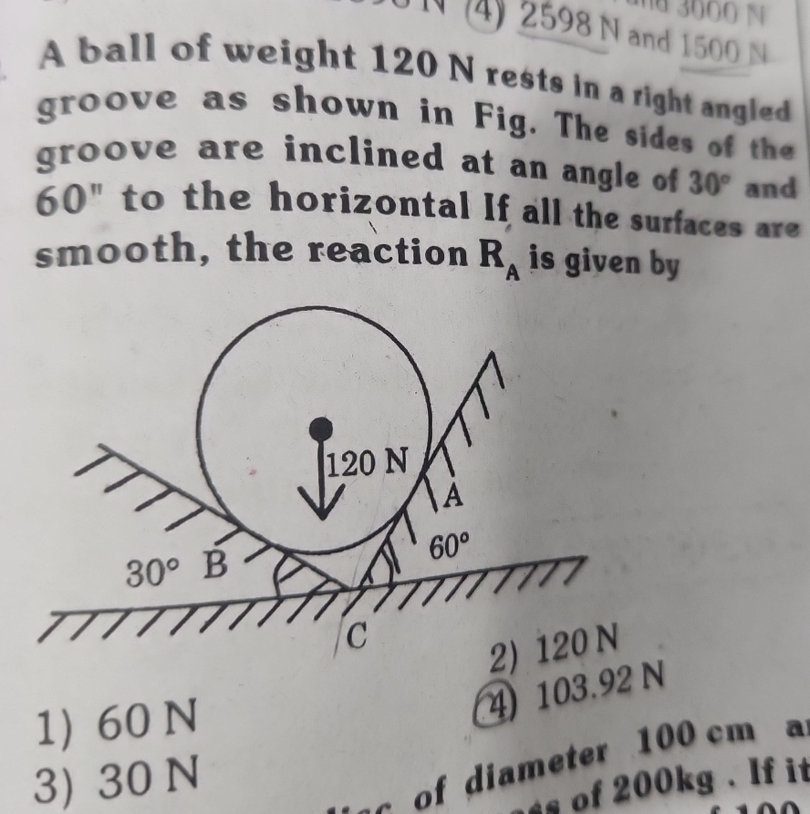 Solved A ball of weight 120N ﻿rests in a right angled groove | Chegg.com