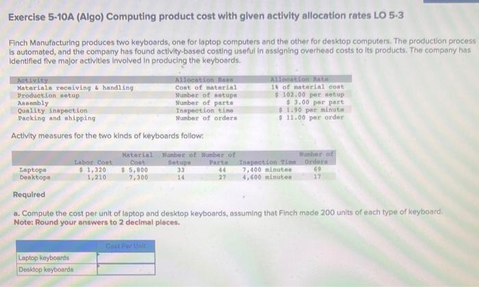 Solved Exercise 5-10A (Algo) Computing product cost with | Chegg.com
