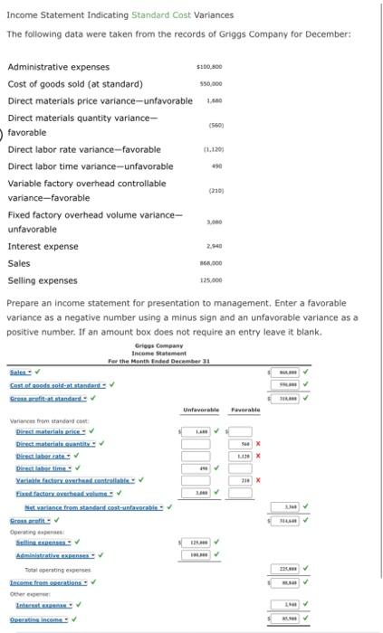 Solved Income Statement Indicating Standard Cost Variances | Chegg.com