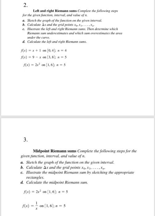 Solved 2. Left and right Riemann sums Complete the following | Chegg.com