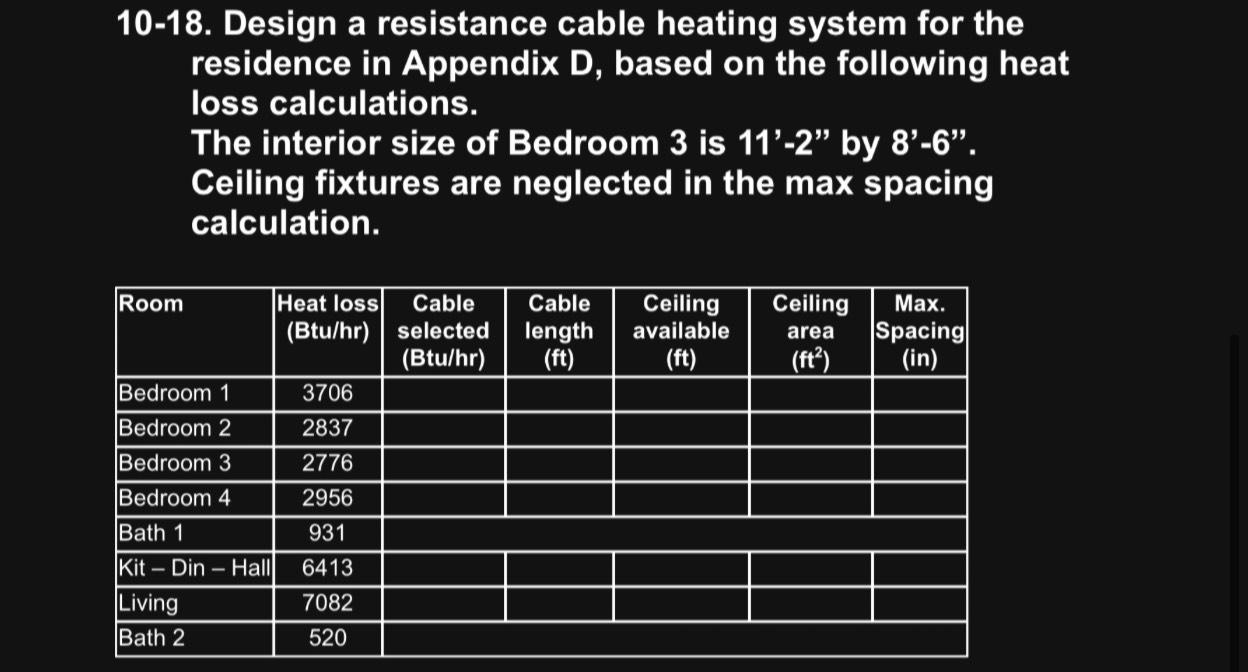 Solved 10-18. ﻿Design a resistance cable heating system for | Chegg.com