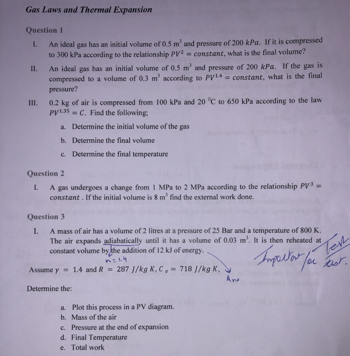 Solved Gas Laws and Thermal Expansion Question 1 1. An ideal | Chegg.com