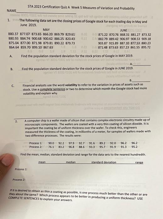 STA 2023 Certification Quiz A Week 5 Measures of | Chegg.com