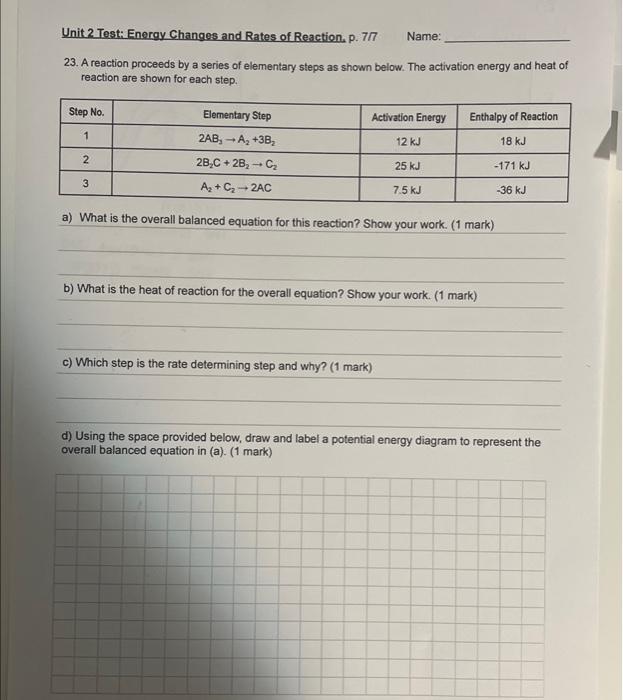 Solved Unit 2 Test: Energy Changes and Rates of Reaction, p. | Chegg.com