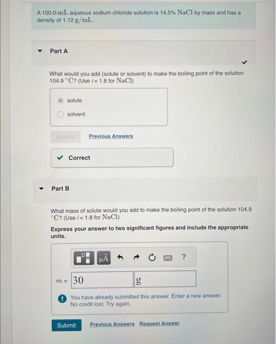 Solved A 100.0−mL aqueous sodium chloride solution is | Chegg.com