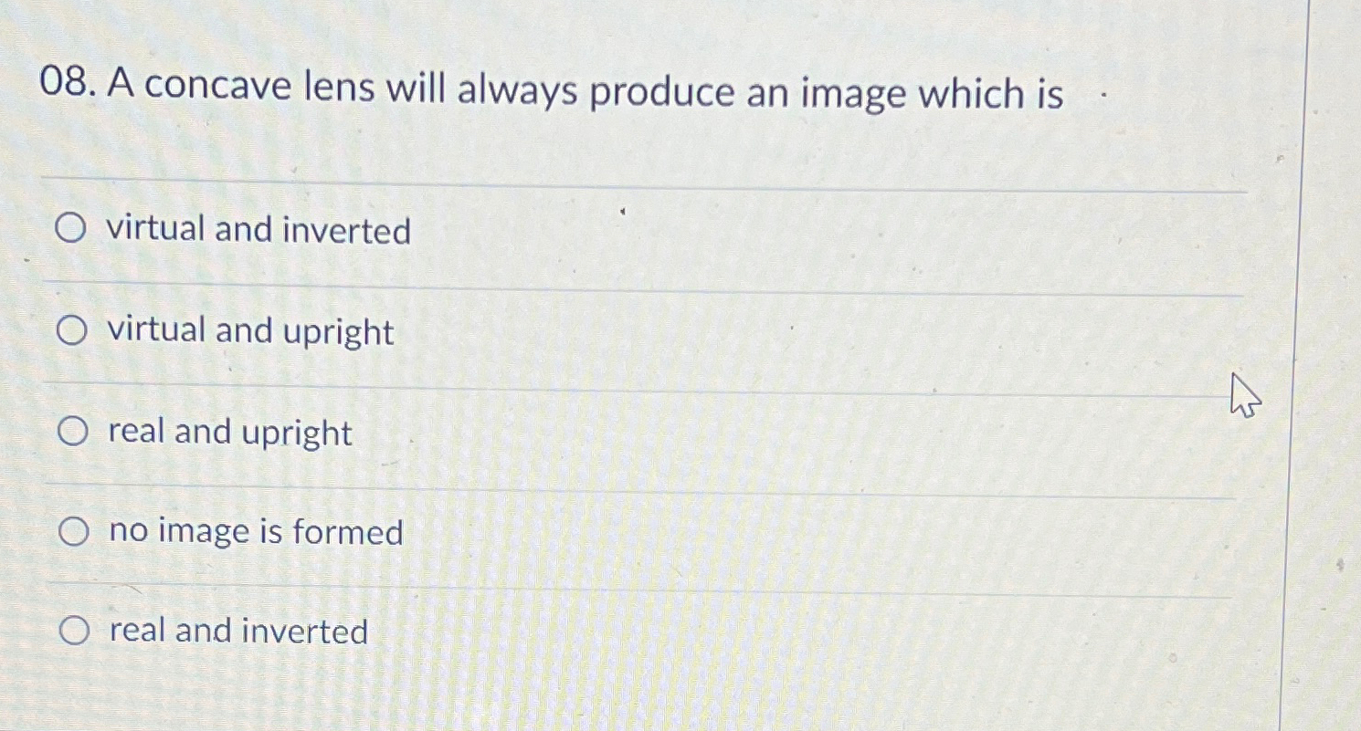 Solved A concave lens will always produce an image which | Chegg.com
